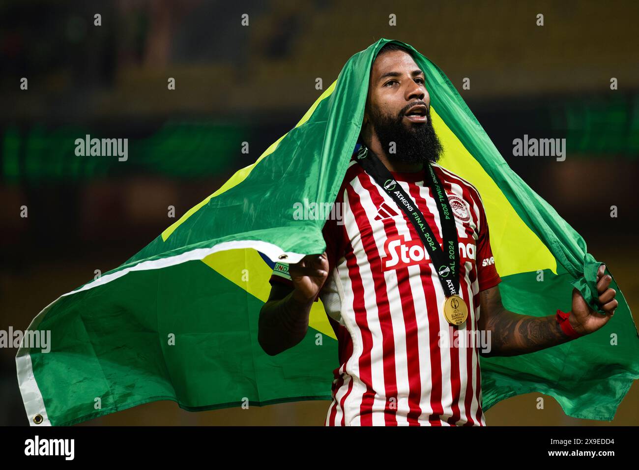 Athens, Greece. 29 May 2024. Rodinei of Olympiacos FC celebrates with a ...