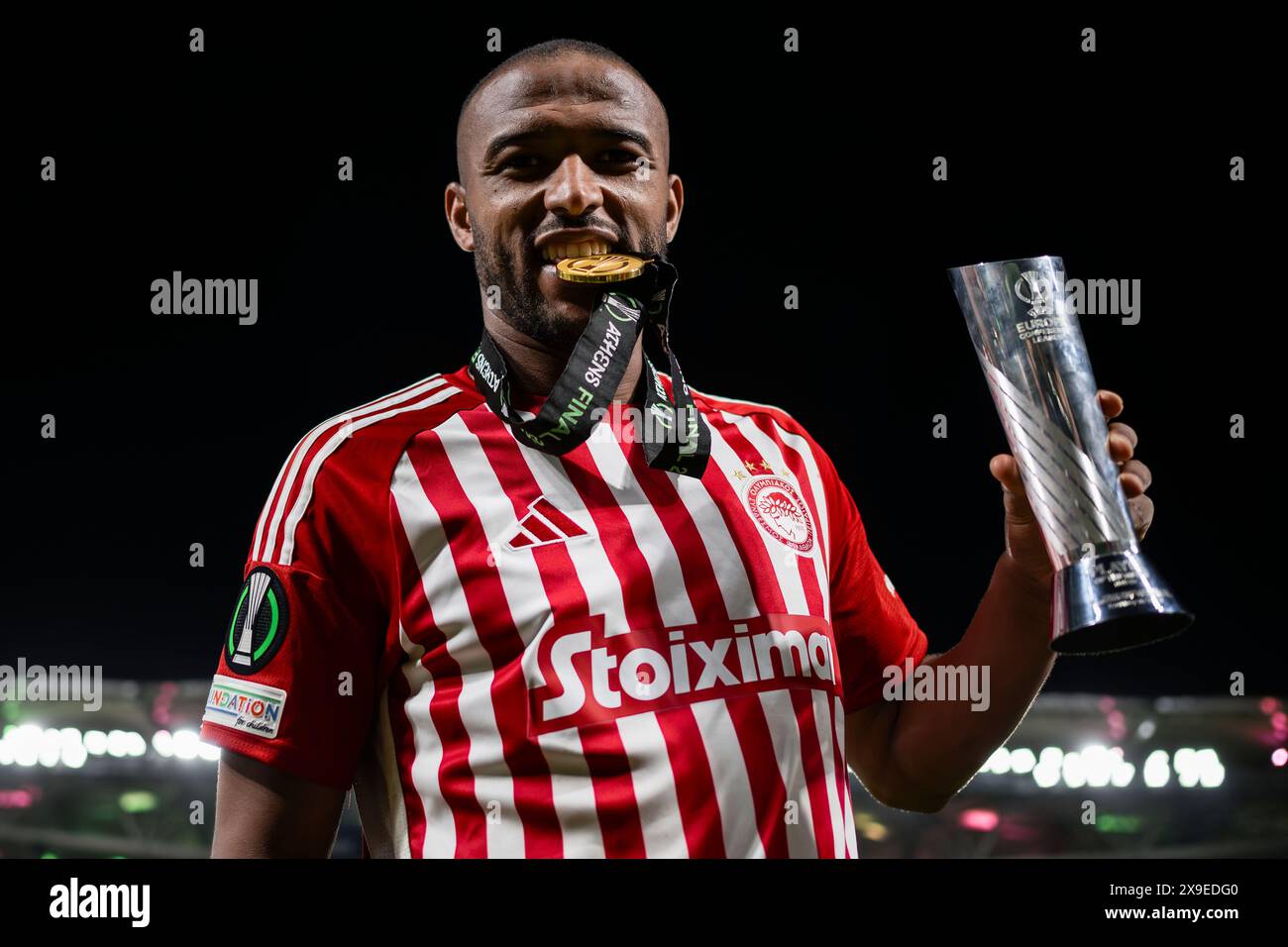 Athens, Greece. 29 May 2024. Ayoub El Kaabi of Olympiacos FC poses with ...