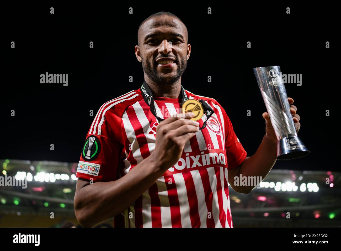 Athens, Greece. 29 May 2024. Ayoub El Kaabi of Olympiacos FC poses with ...