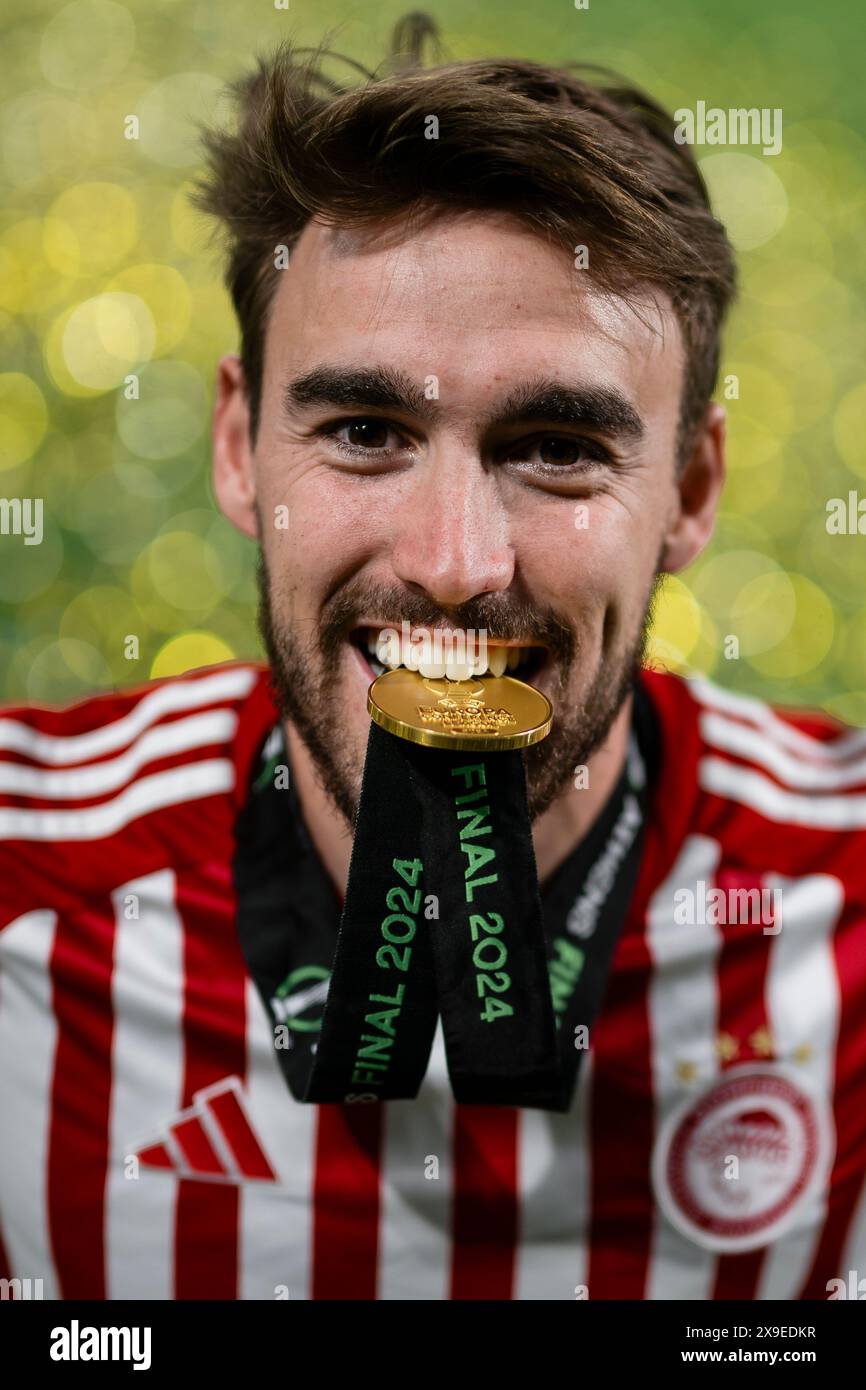 Athens, Greece. 29 May 2024. Andre Horta of Olympiacos FC celebrates ...