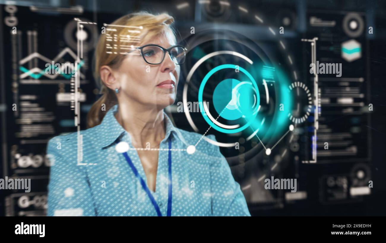 Adult Female Engineer Using Futuristic Augmented Reality Software Interface for Managing Data ...