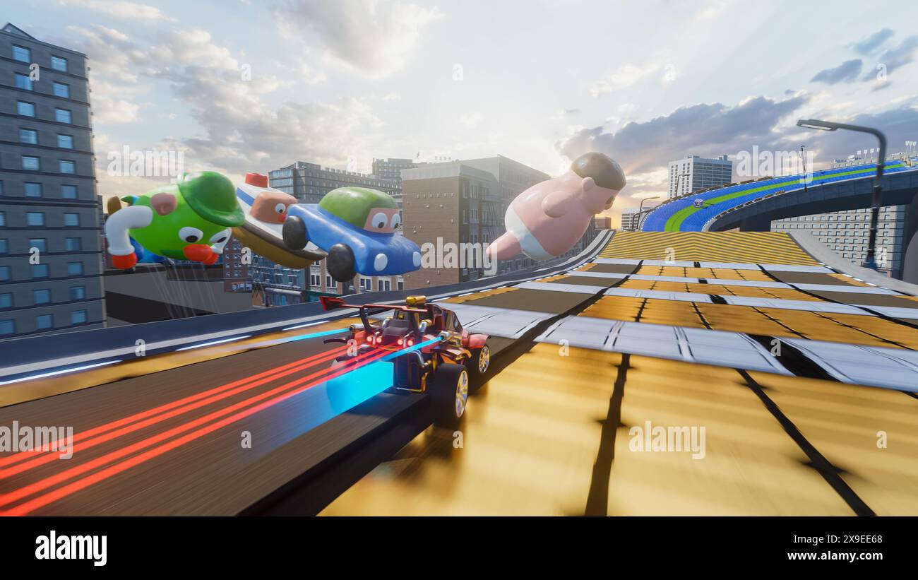 Off-Road Racing Arcade Video Game Level in Chaotic City. Computer ...