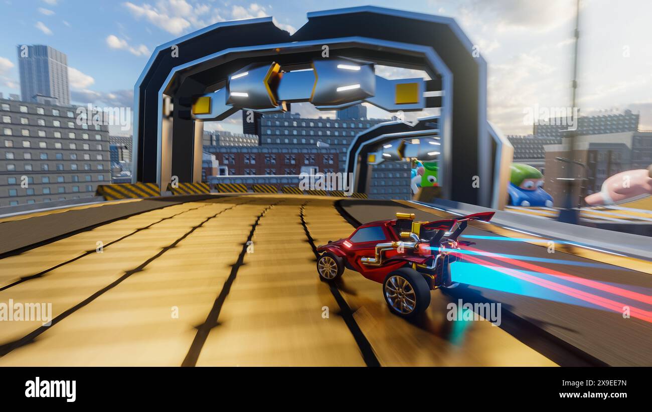 Off-Road Racing Arcade Video Game Level in Chaotic City. Computer ...