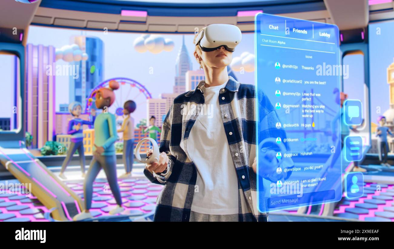 Young Creative Female Wearing a Virtual Reality Headset at Home. Woman Enters Digital Internet ...