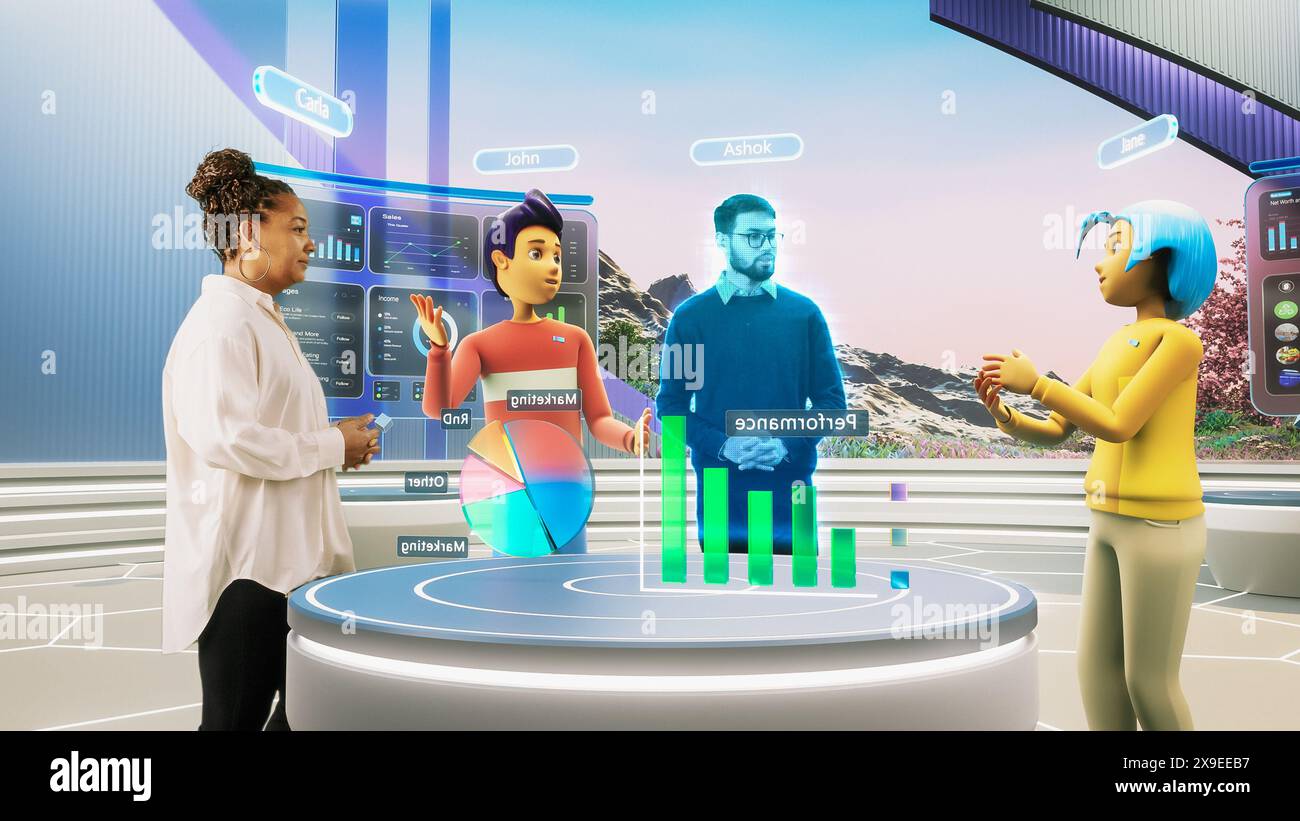 Online Business Meeting in Virtual Reality Office. Real Female Manager ...