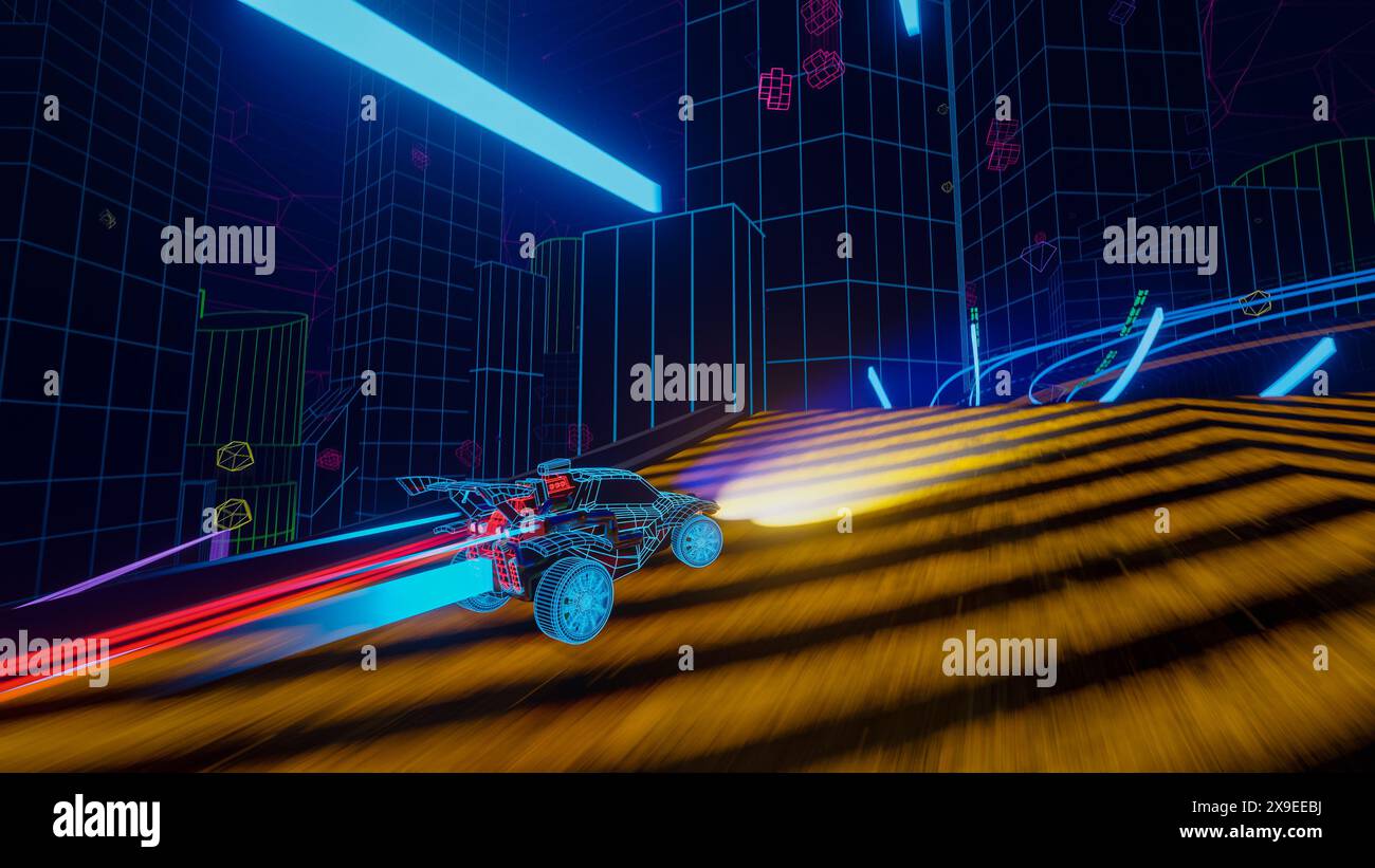 Gameplay of an Off-Road Racing Video Game in 3D Render of Polygon Space ...