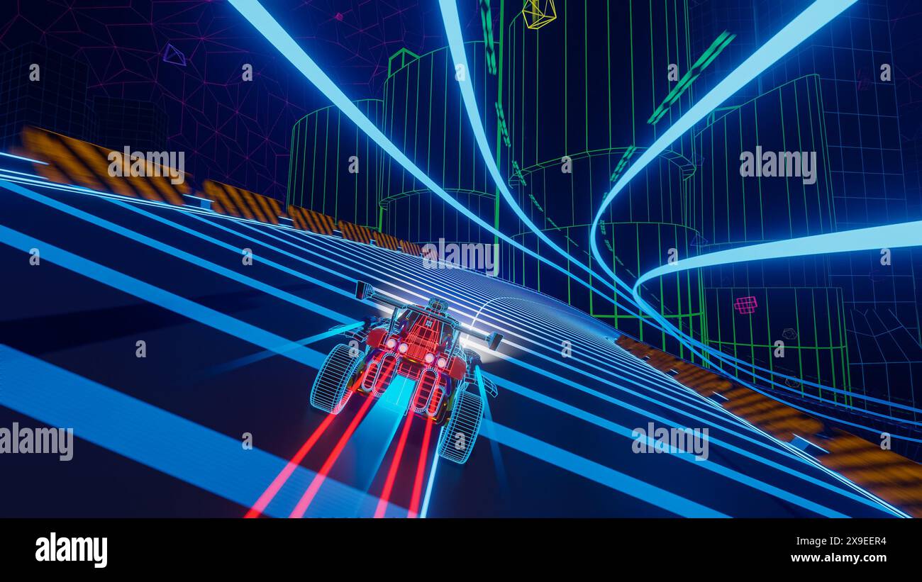 Gameplay of an Off-Road Racing Video Game in 3D Render of Polygon Space ...