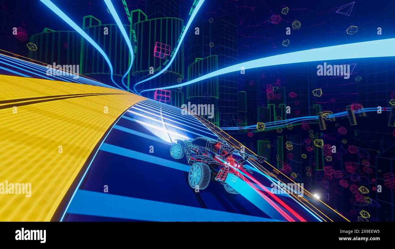 Gameplay of an Off-Road Racing Video Game in 3D Render of Polygon Space ...