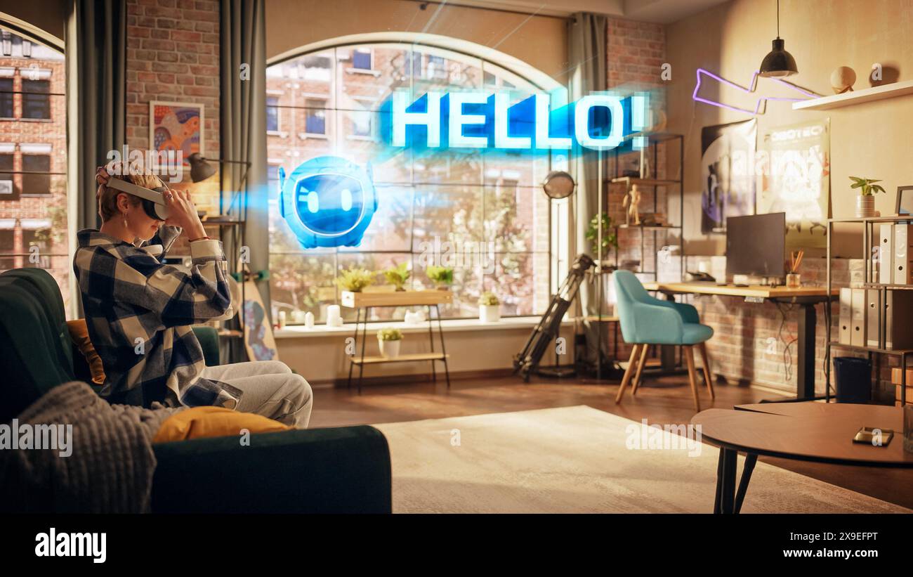 Young Creative Female Putting On a Virtual Reality Headset at Home. She ...