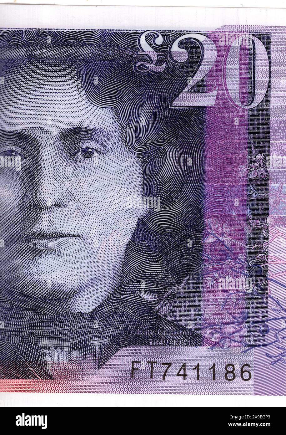 Close up of a modern twenty pound Scottish polymer banknote on a white ...