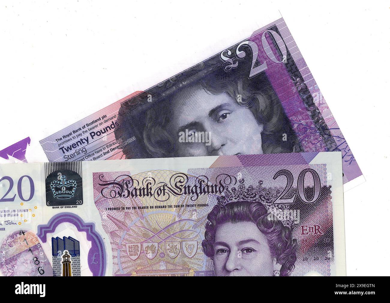 Close up of modern twenty pound polymer banknotes from Scotland and the ...