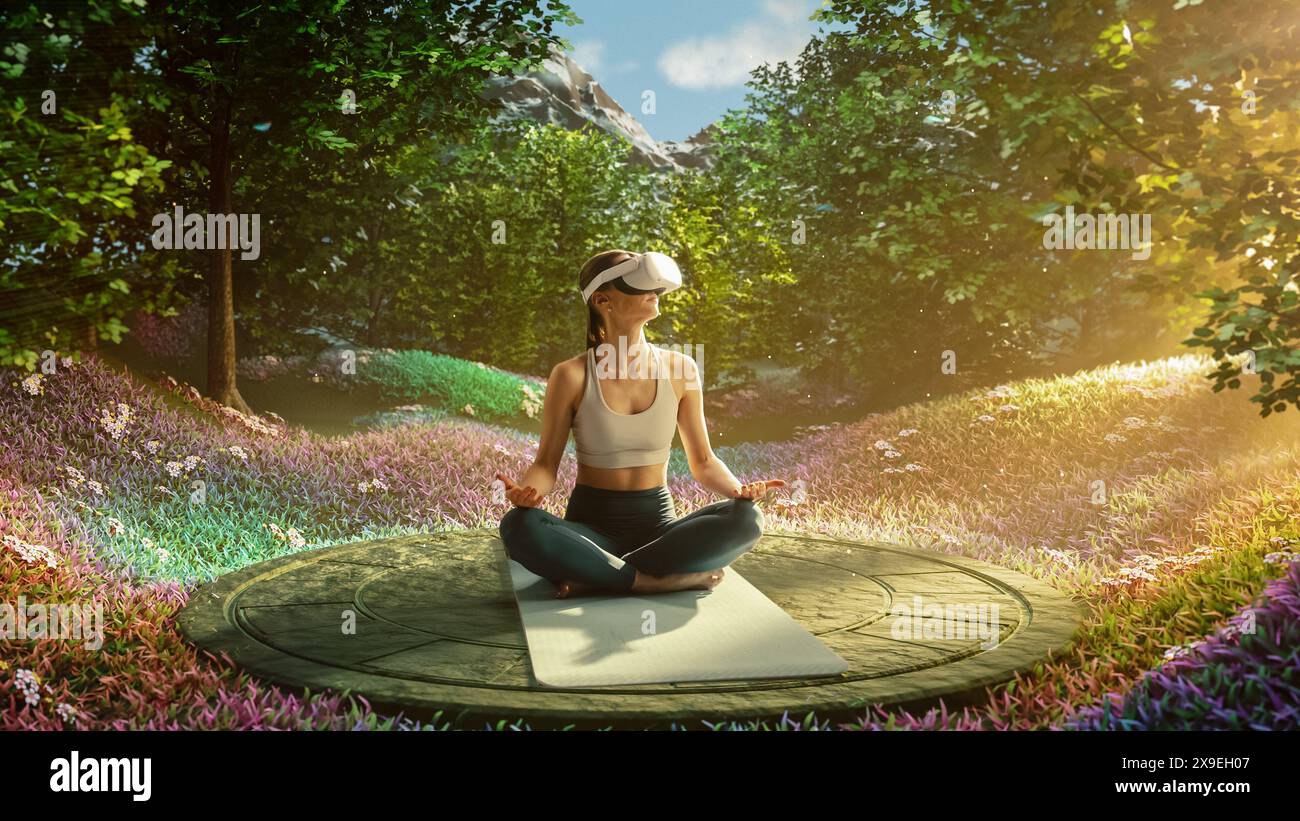 Young Athletic Woman Wearing VR Headset, Practising Meditation in ...