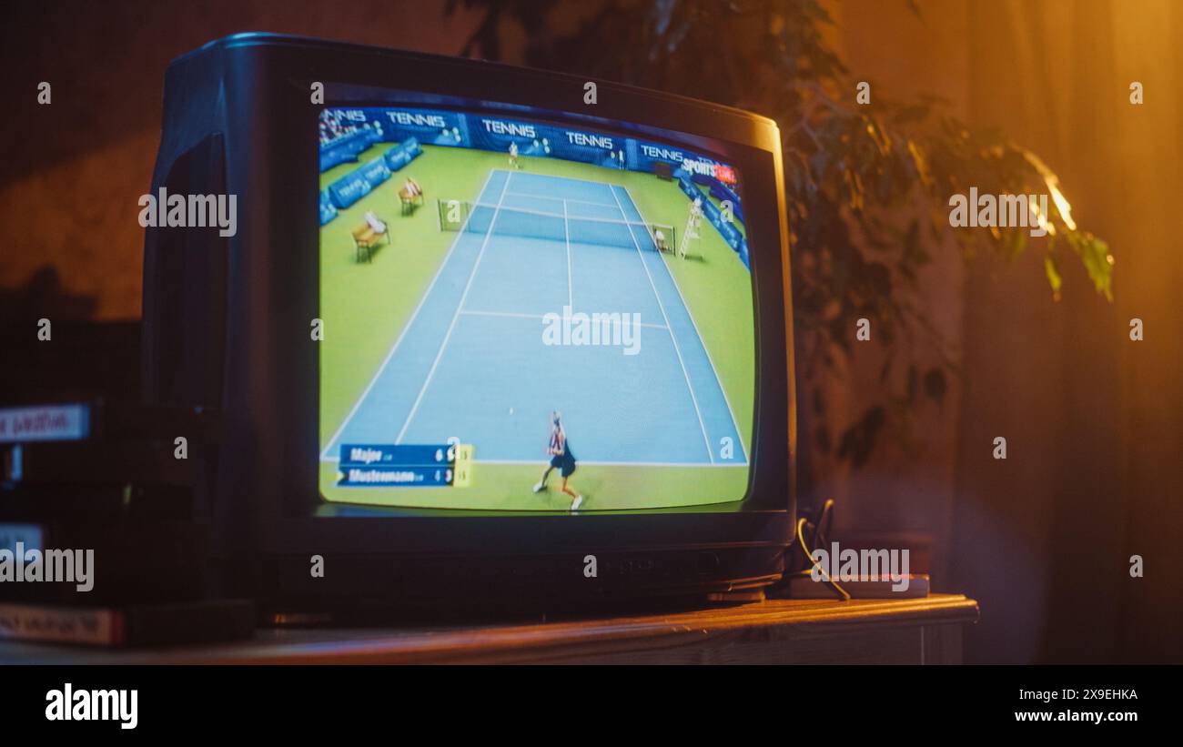 Close Up Footage of a Dated TV Set Screen with Live Sports Tennis Match ...
