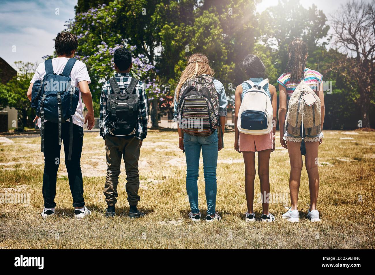 Park, school and children together with backpack, opportunity and ...