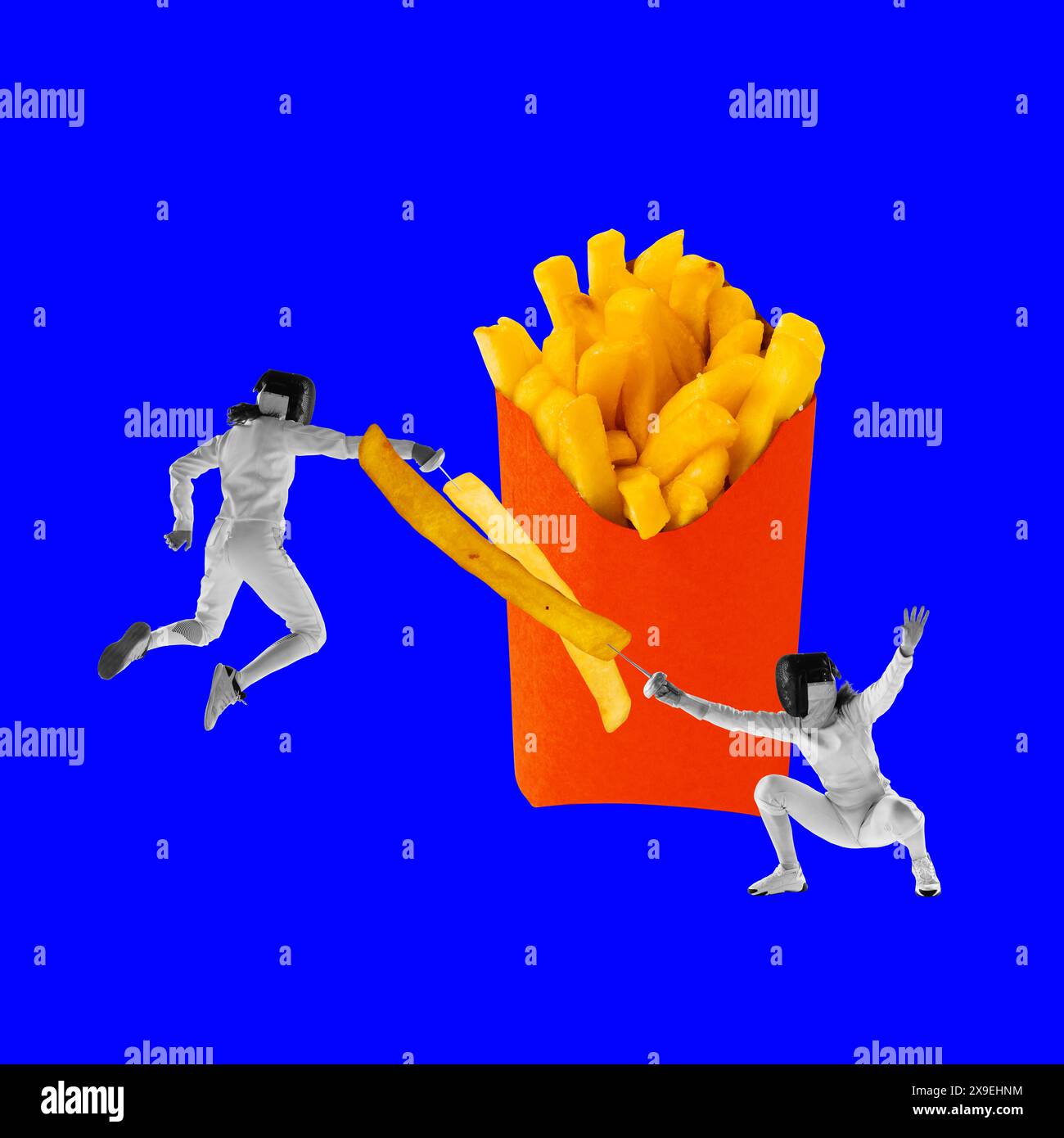 Two women, fencing athletes in motion, training with fries instead ...