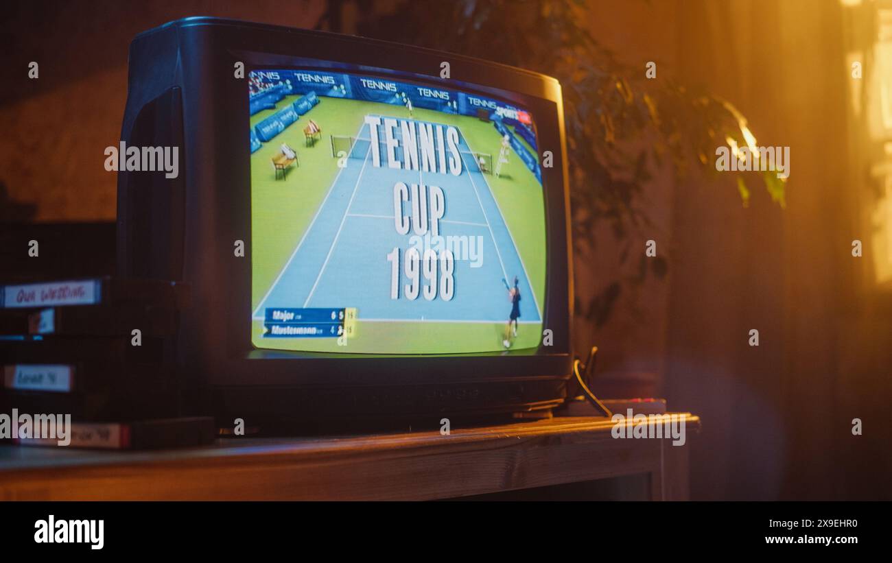 Close Up Footage of a Dated TV Set Screen with Live Sports Tennis Match ...