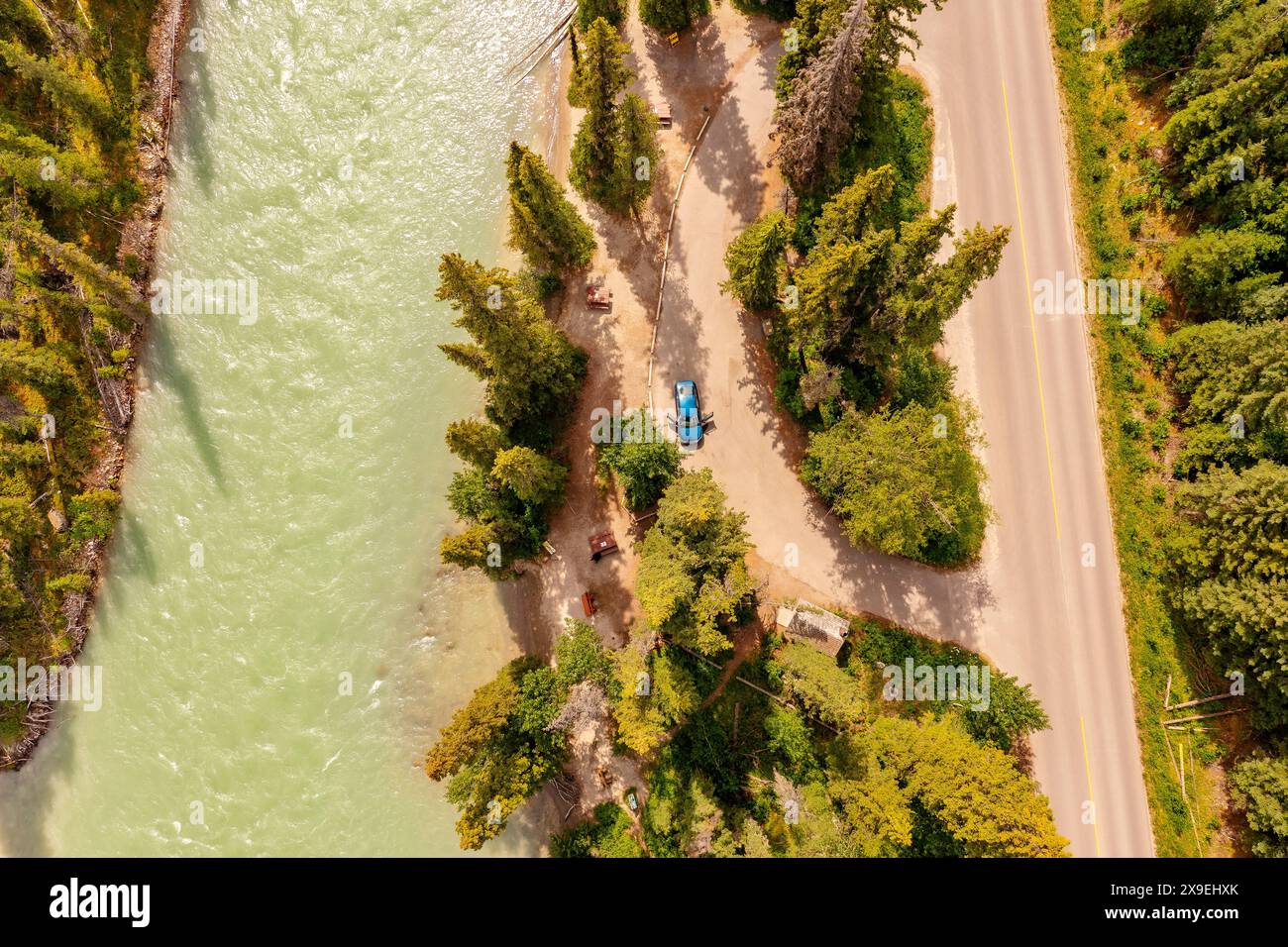 Wide channel during flood. Winding river in forest. Drone photo ...