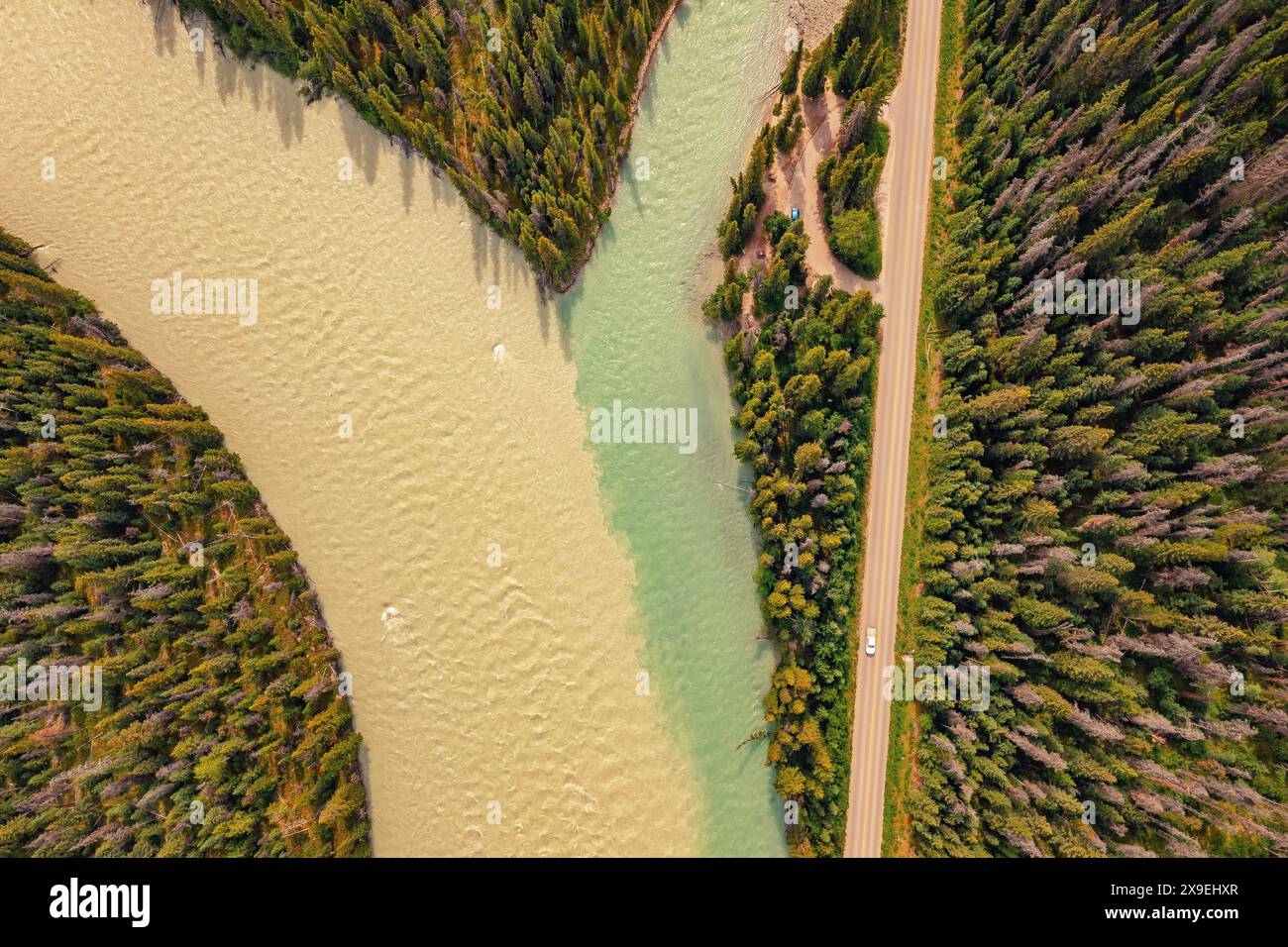 Wide channel during flood. Winding river in forest. Drone photo ...