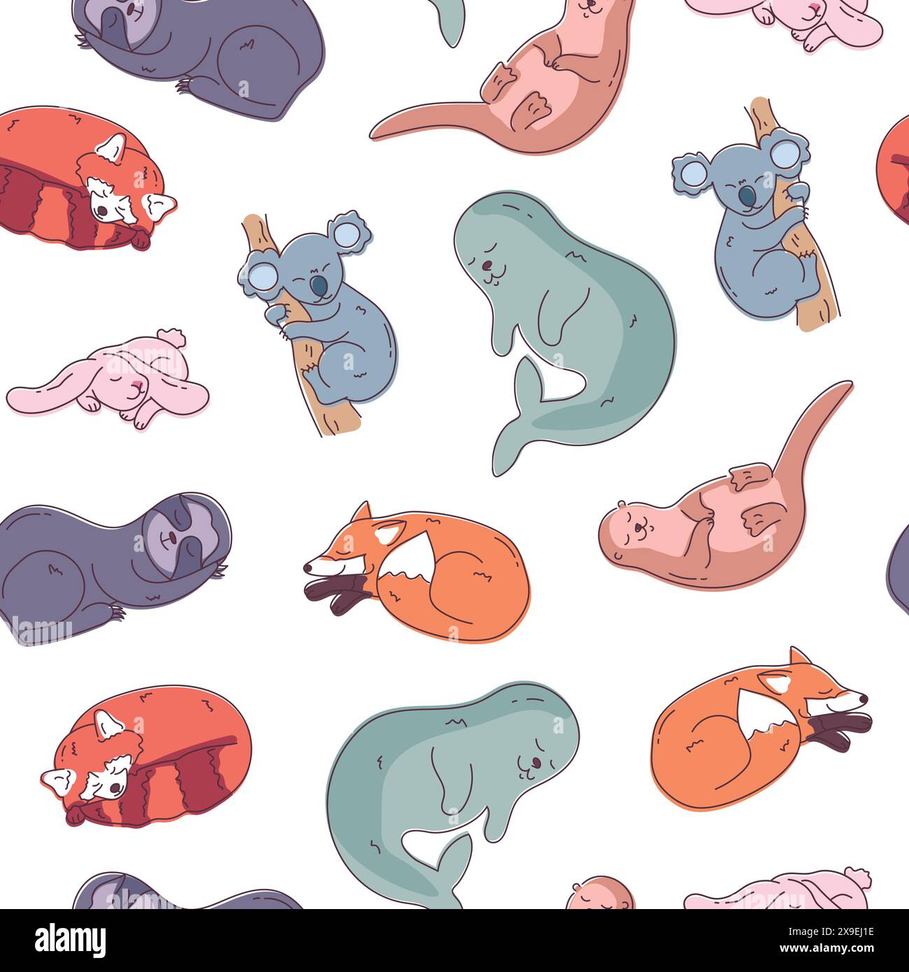 Wild sleeping animals seamless pattern. Cartoon sleepy otter, seal ...