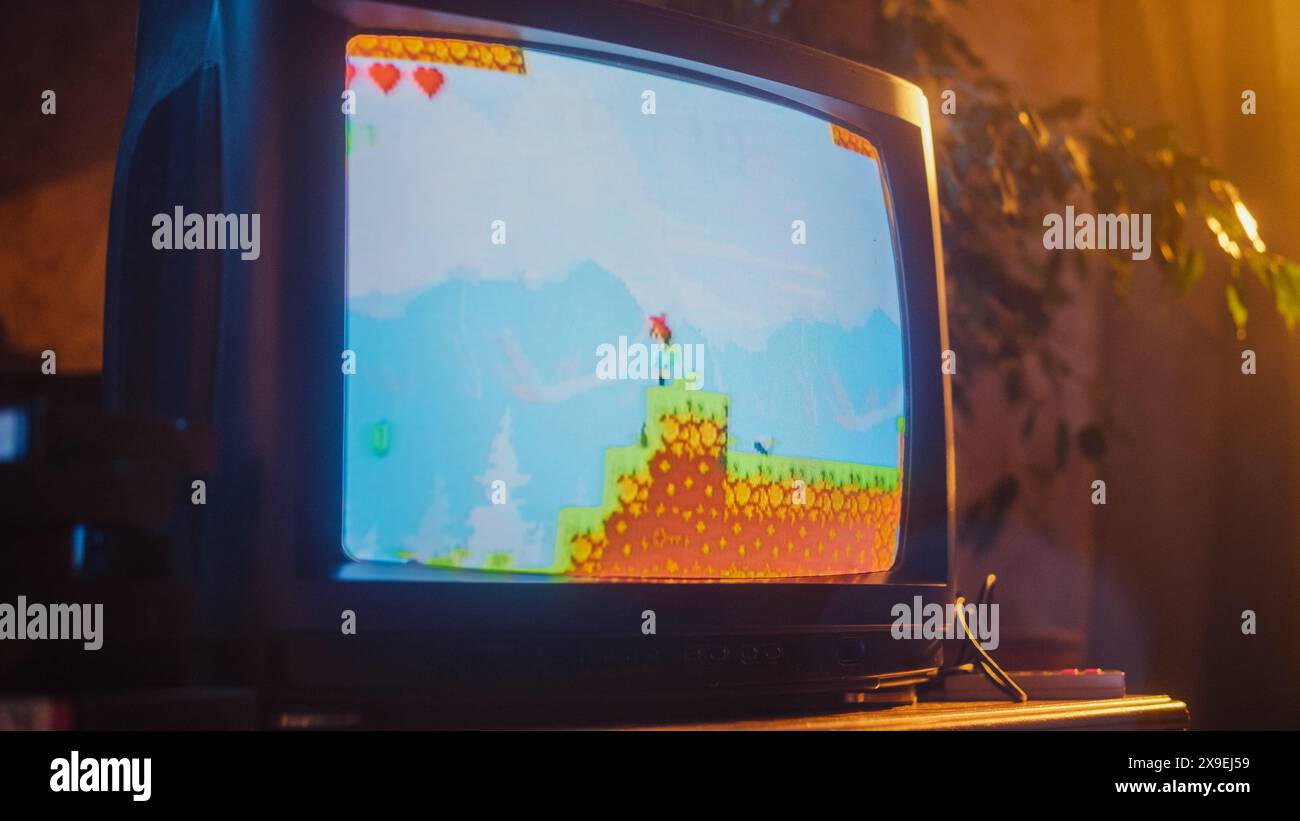 Close Up Footage of a Retro TV Set Screen with an Eight Bit Eighties ...