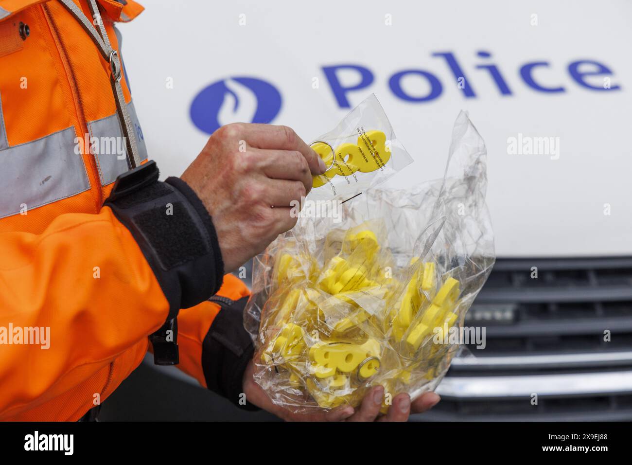 Nivelles, Belgium. 31st May, 2024. A police officer holds a bag of BOB ...