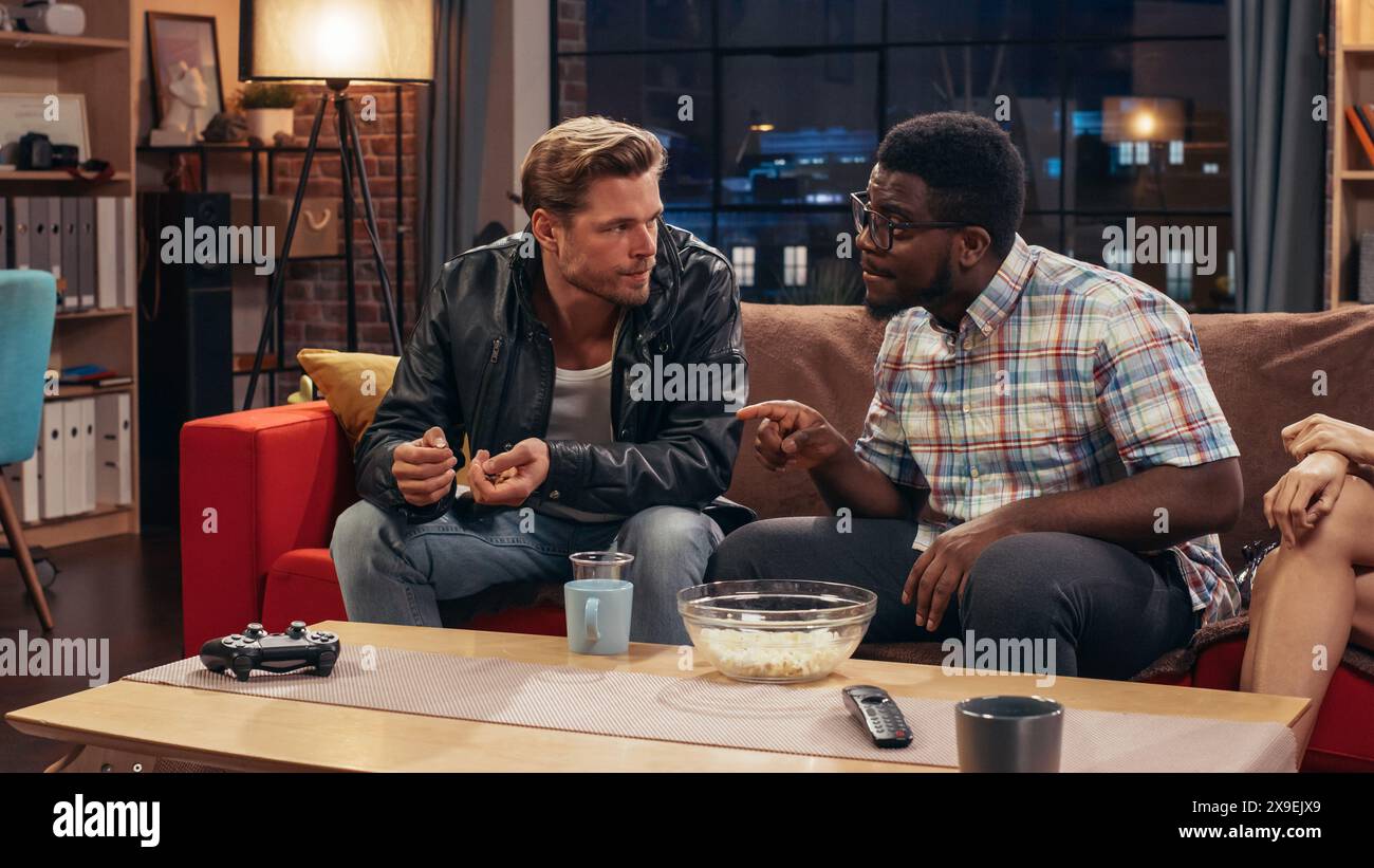 Television Sitcom Concept. Two Diverse Friends Having a Discussion in ...