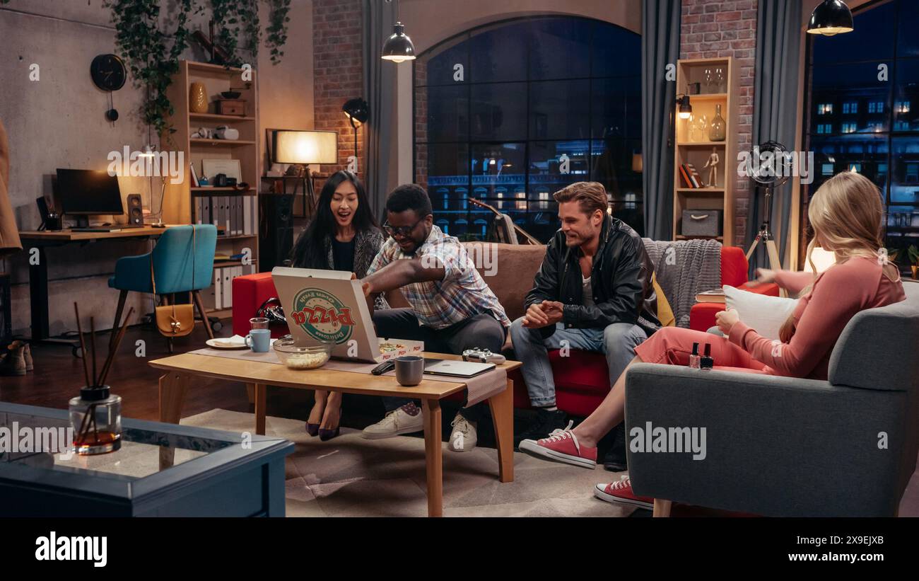 Television Sitcom. Four Diverse Friends having Fun in Living Room ...