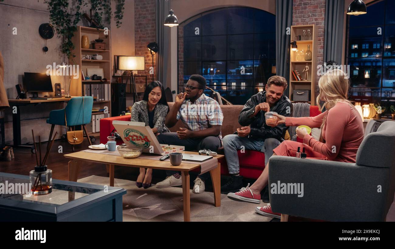 Television Sitcom Concept. Four Diverse Friends having Fun in Living ...