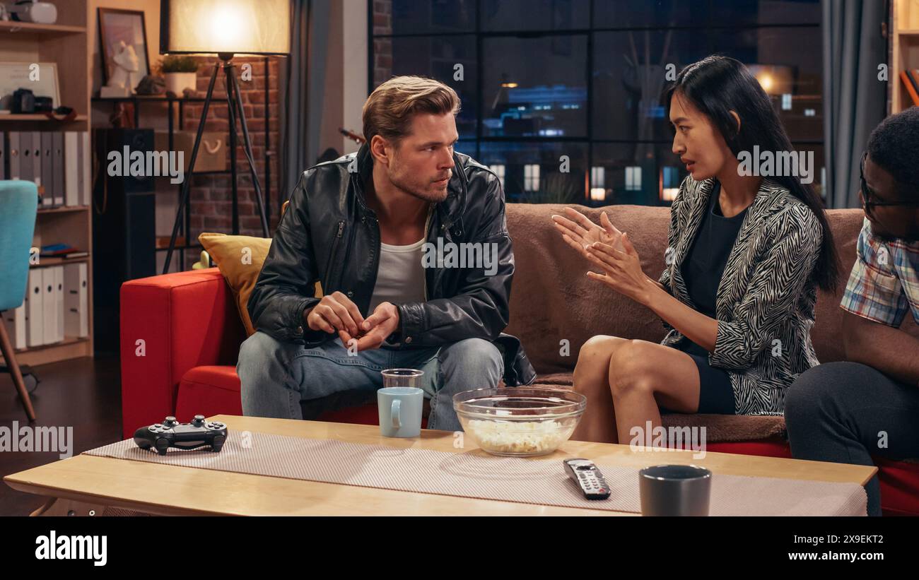 Television Sitcom Concept. Three Diverse Friends Having a Discussion in ...