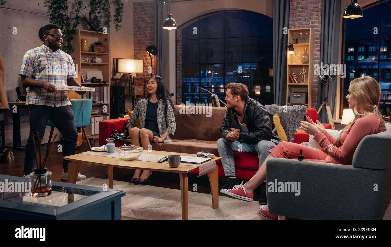 Television Sitcom. Four Diverse Friends having Fun in Living Room ...