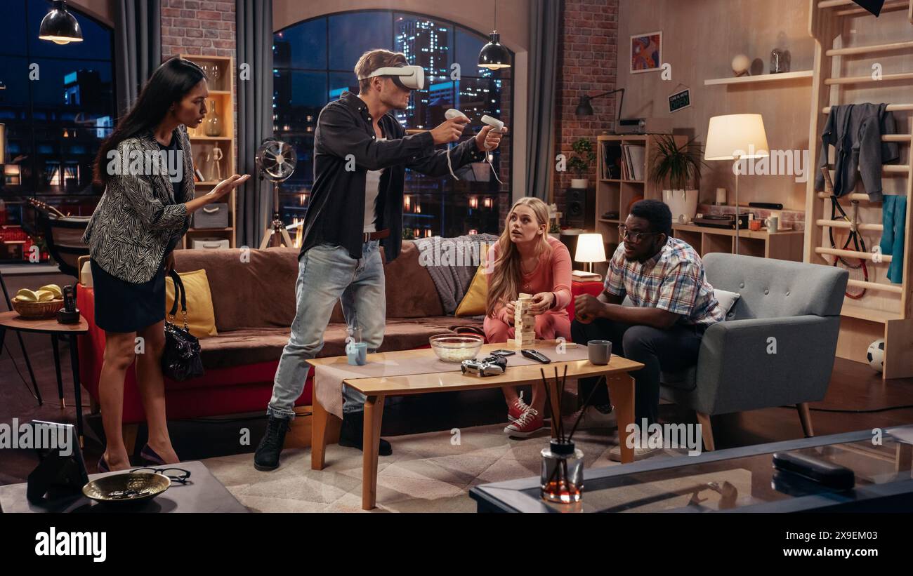 Television Sitcom Concept: Four Friends have Fun in Living Room. Funny ...