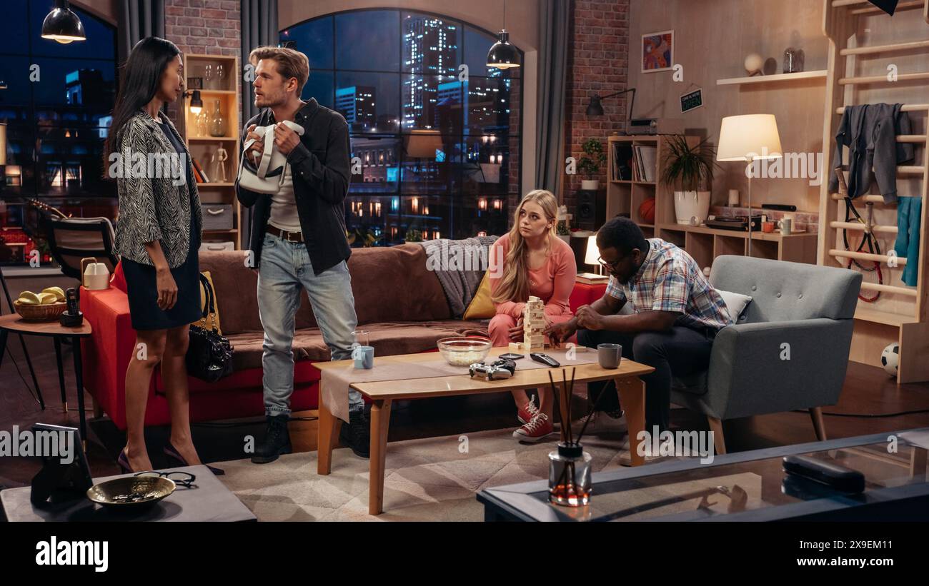 Television Sitcom Concept: Four Friends have Fun in Living Room. Funny ...