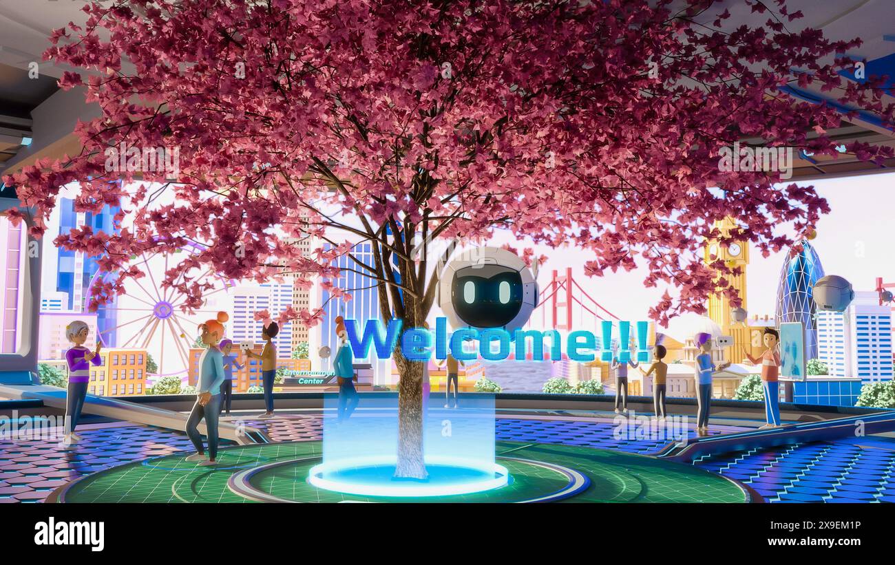 3D Render of Beautiful Digital Metaverse. Virtual Reality World With ...