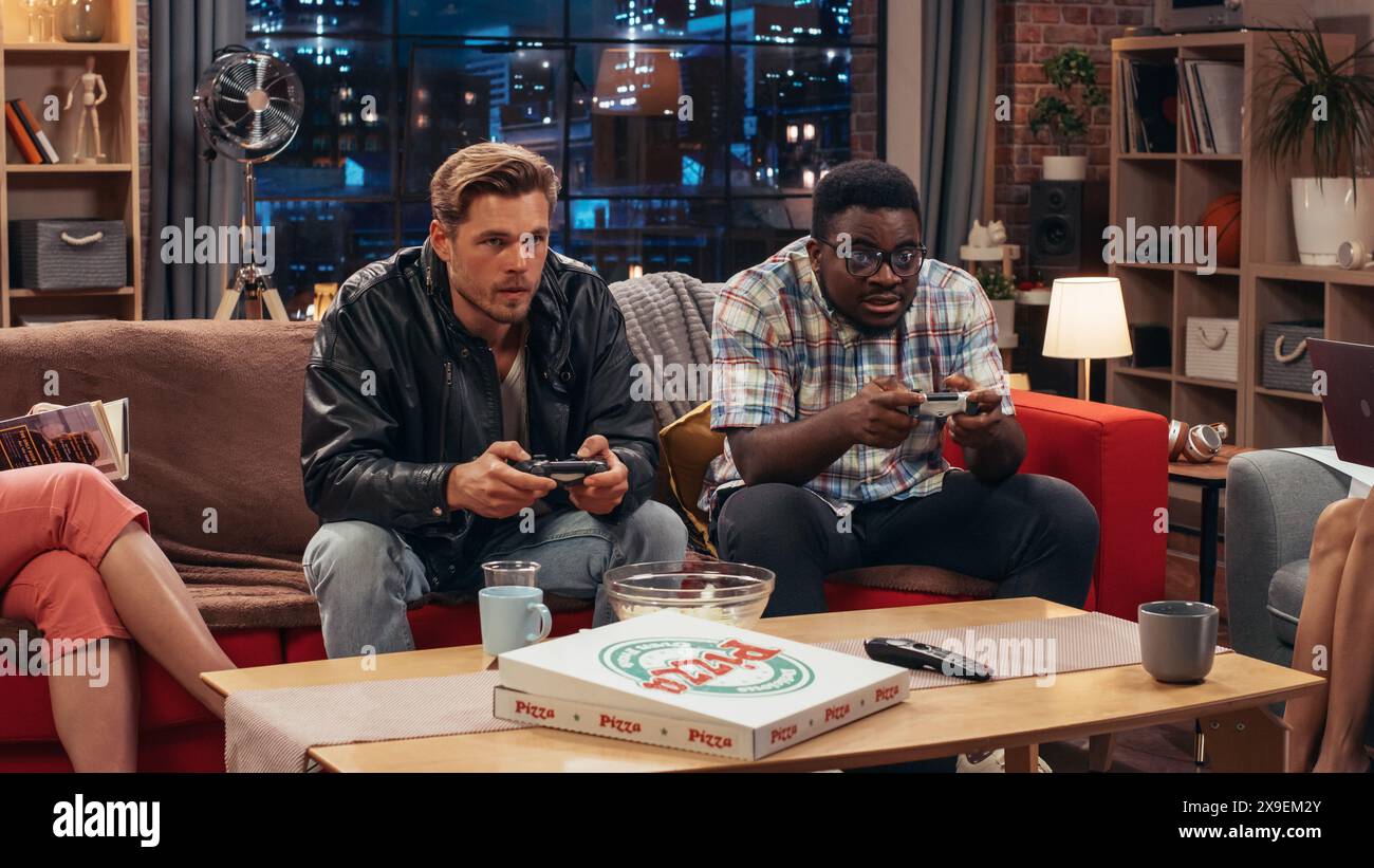 Television Sitcom. Four Diverse Friends having Fun in Living Room ...