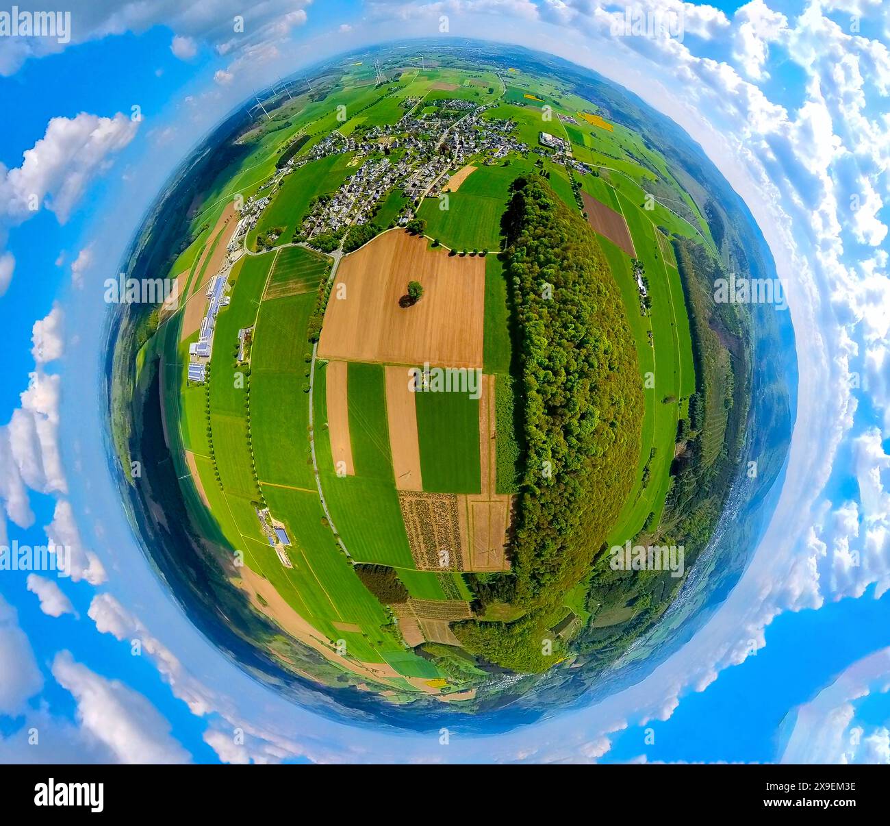 Luftbild, Wiesen und Felder, Baum auf einem Feld, links Gewerbegebiet ...