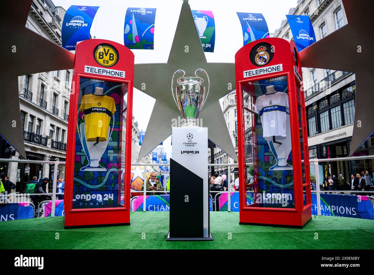 London, UK. 31st May, 2024. The UEFA Champions League trophy stands ...