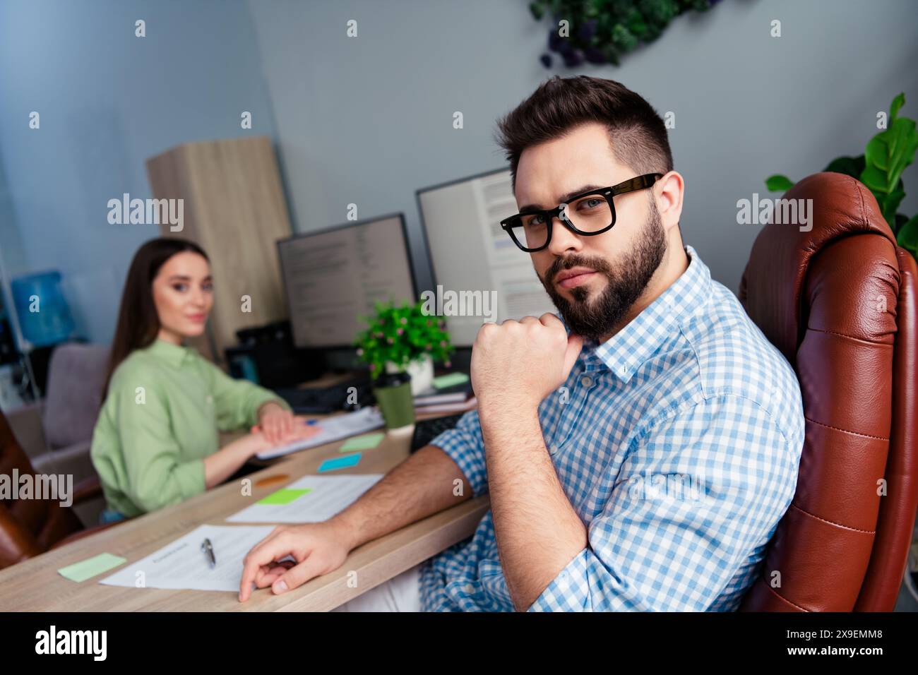 Photo of positive good mood employers dressed shirts enjoying coworking ...