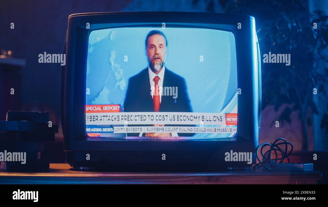 Close Up Footage of an old TV Set Screen with Breaking News Report ...