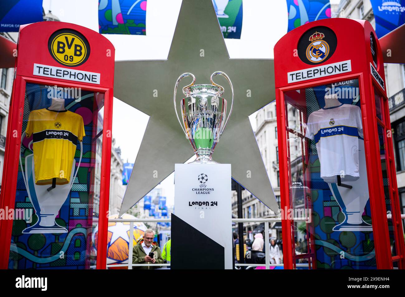 London, UK. 31st May, 2024. The UEFA Champions League trophy stands ...