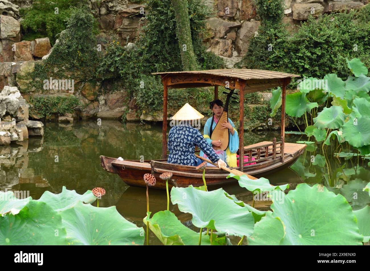 Lady Playing Lute on Small Boat, Lingering Garden, Suzhou, China Stock ...