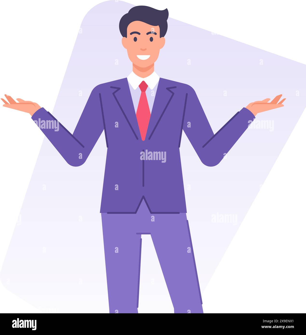 Smiling business man spreading hands showing presenting banner design ...