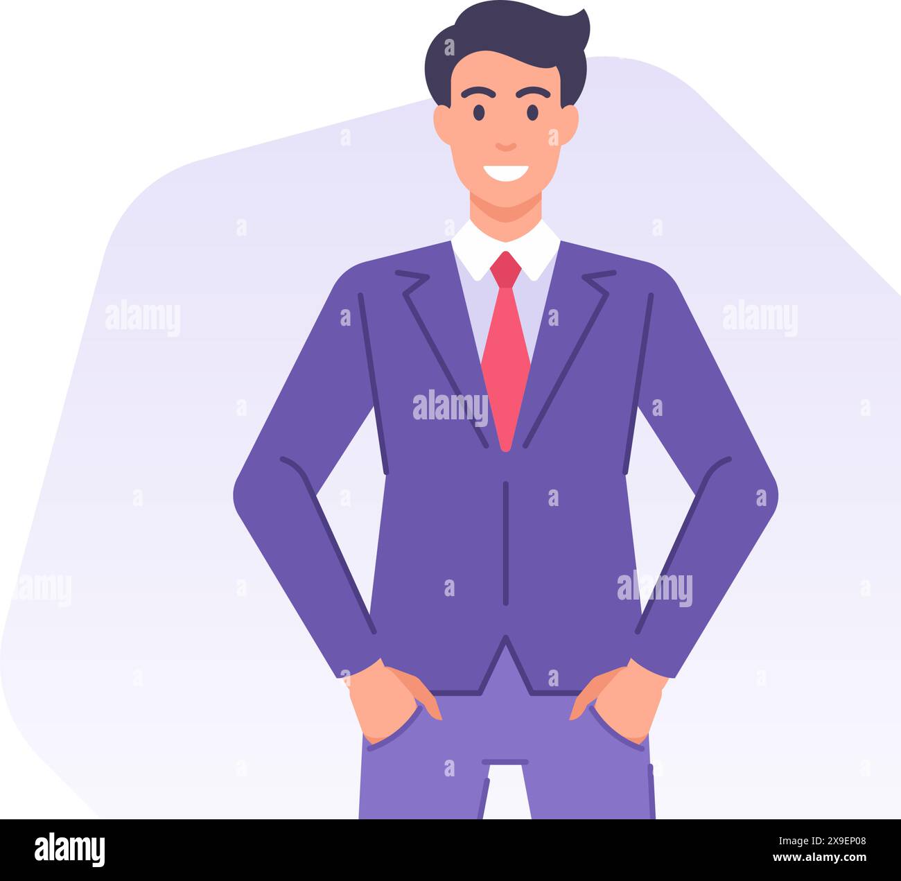 Smiling cartoon business man standing with hands in pocket banner ...