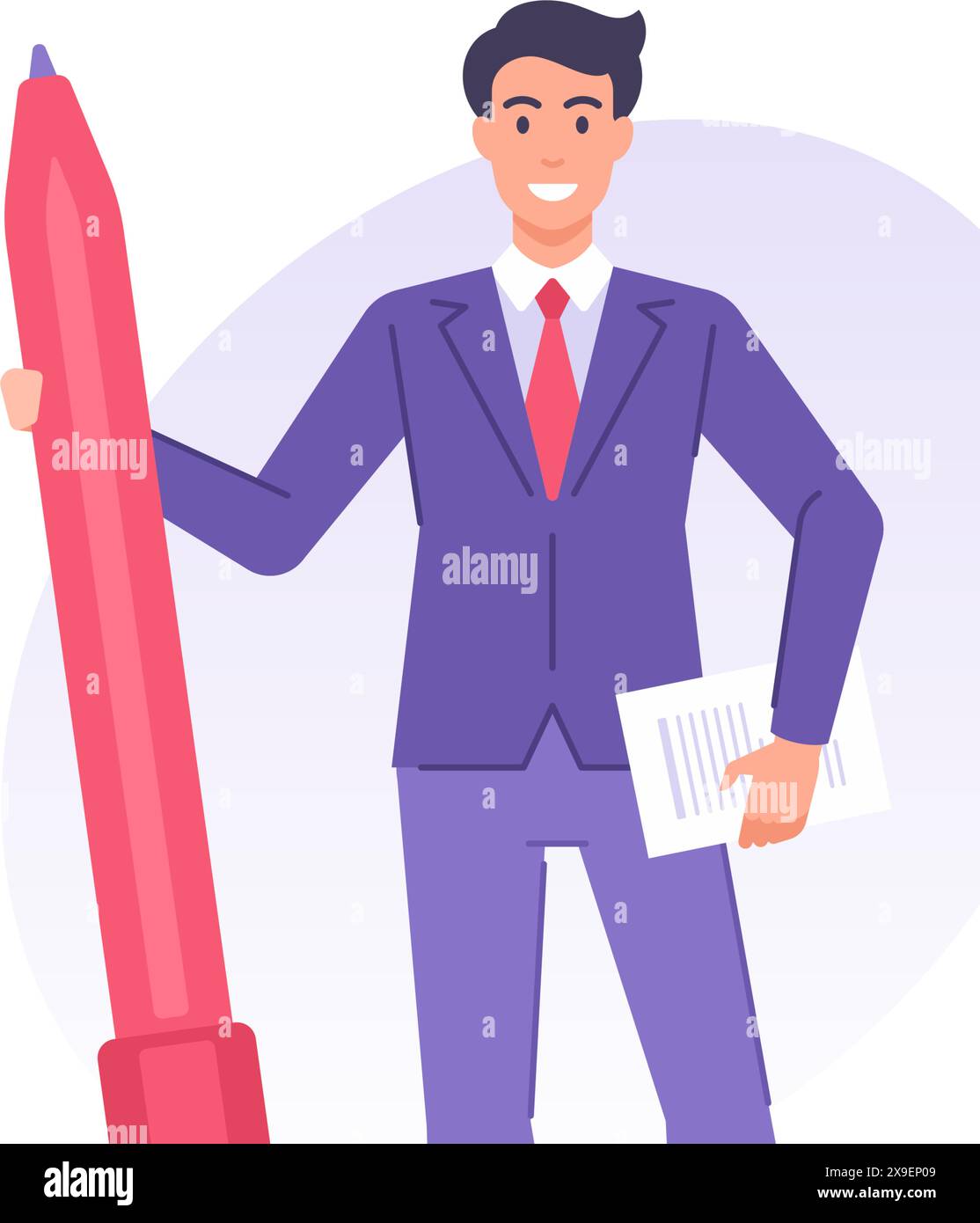 Tiny business man with pen and contract agreement banner design ...