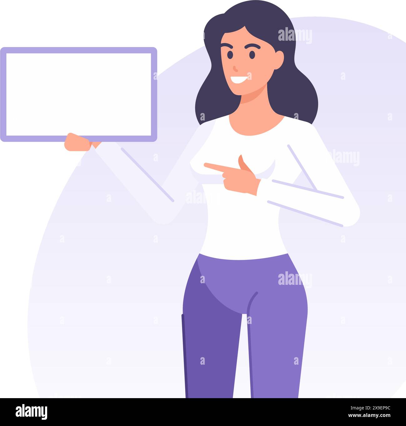 Business woman pointing to board message information banner design ...