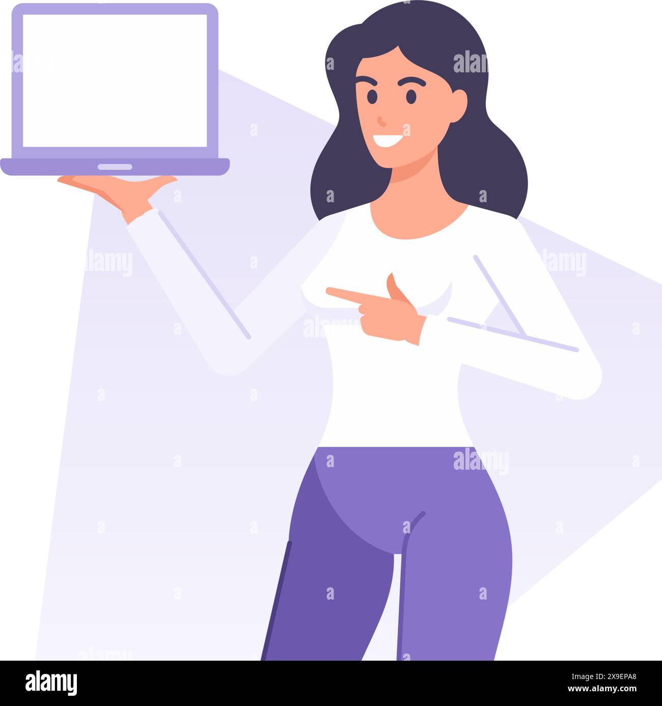 Business woman pointing to laptop blank screen banner design template ...