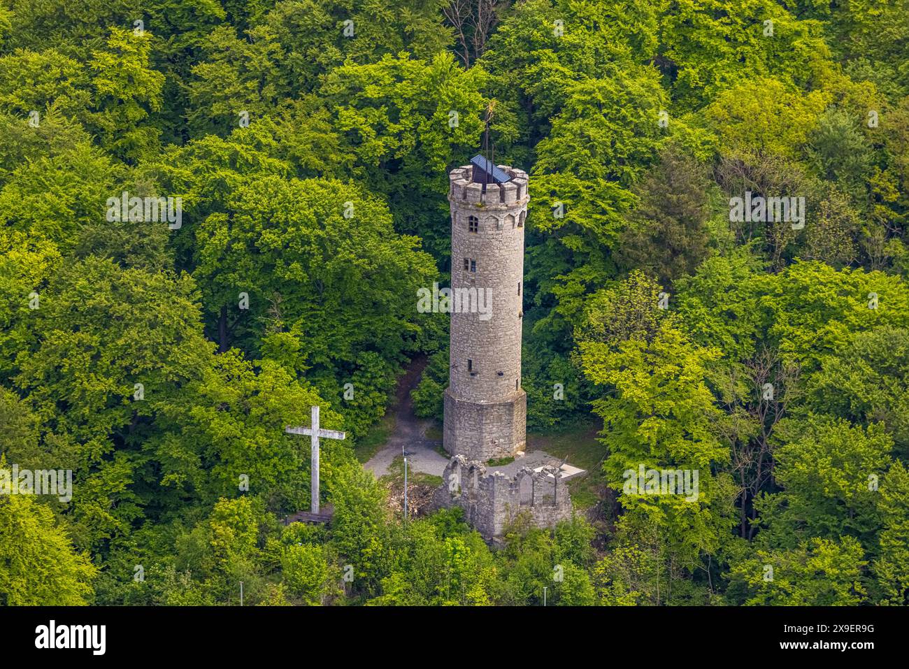 Luftbild, Bilsteinturm und Kreuz Am Bilstein, historische ...