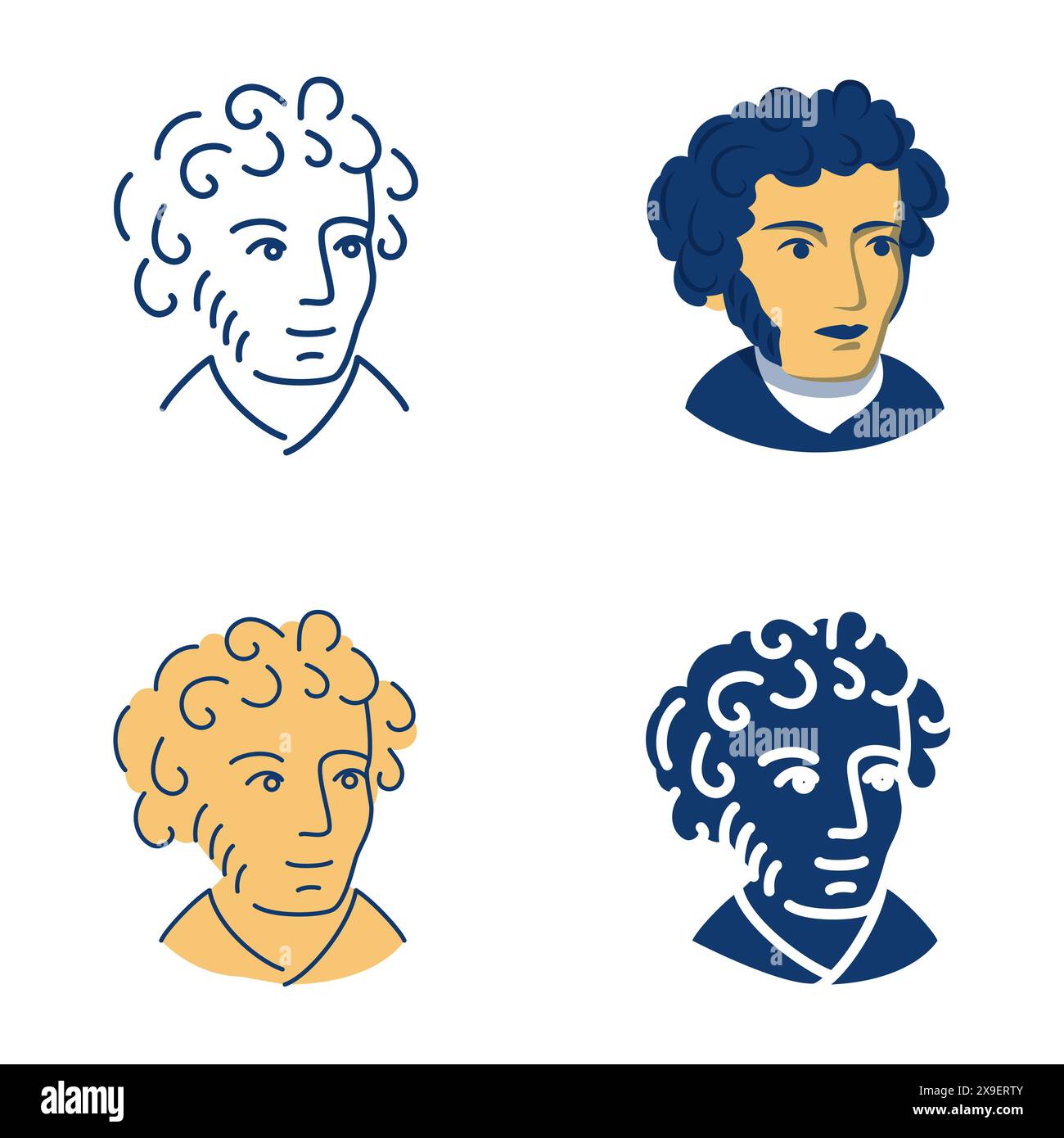 Great Russian poet Alexander Pushkin icon set in flat and line style ...