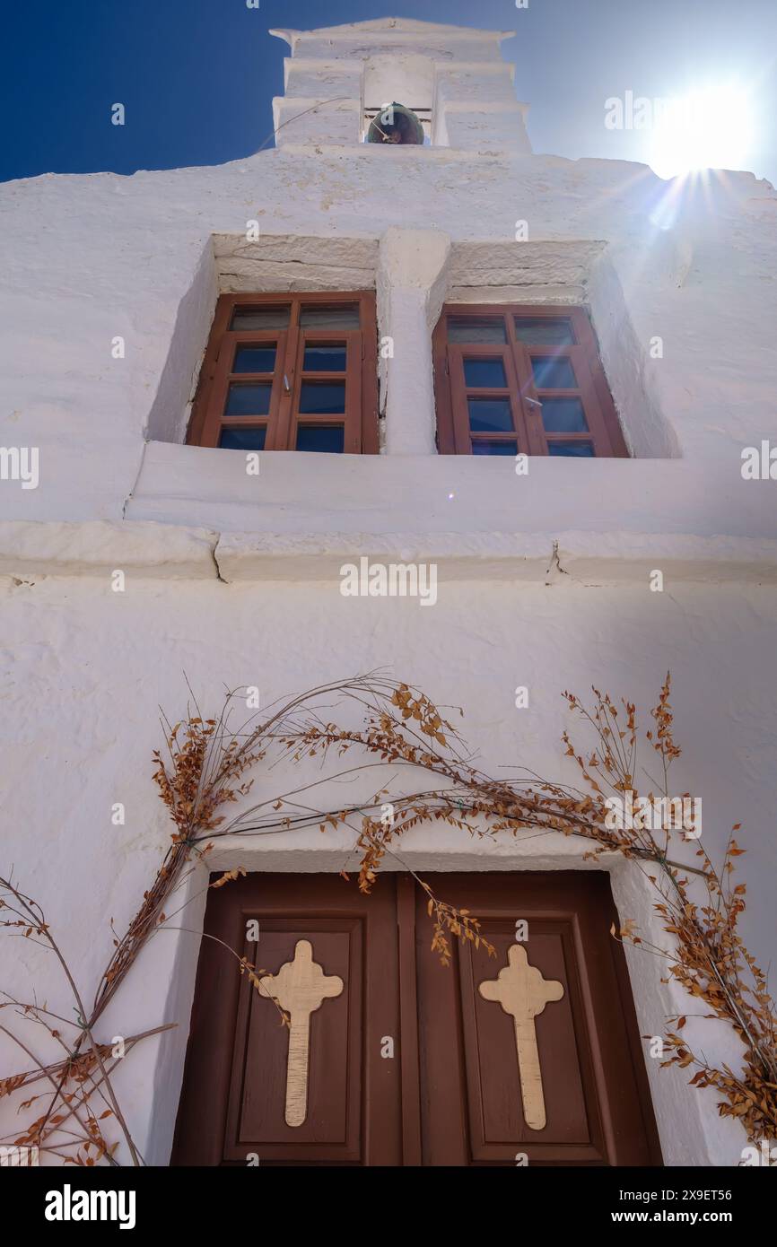 View of the church Agia Theodoti in Ios Greece, where locals hold a ...