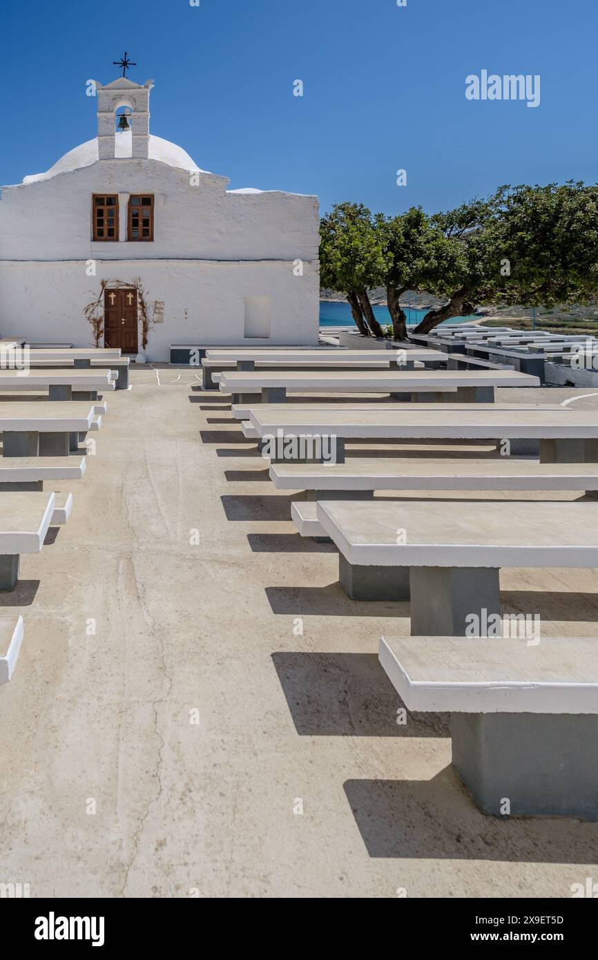 View of the church Agia Theodoti in Ios Greece, where locals hold a ...