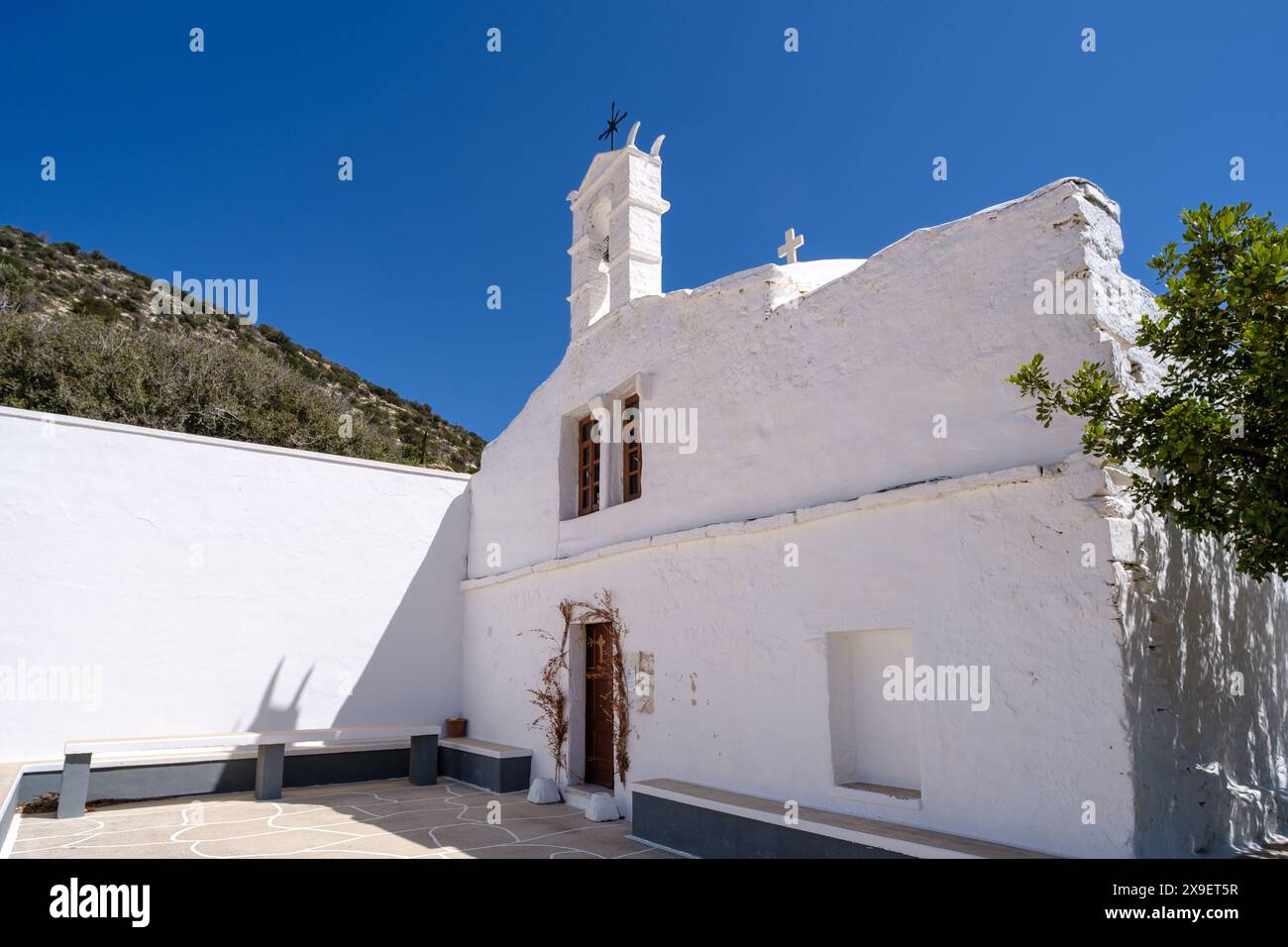 View of the church Agia Theodoti in Ios Greece, where locals hold a ...